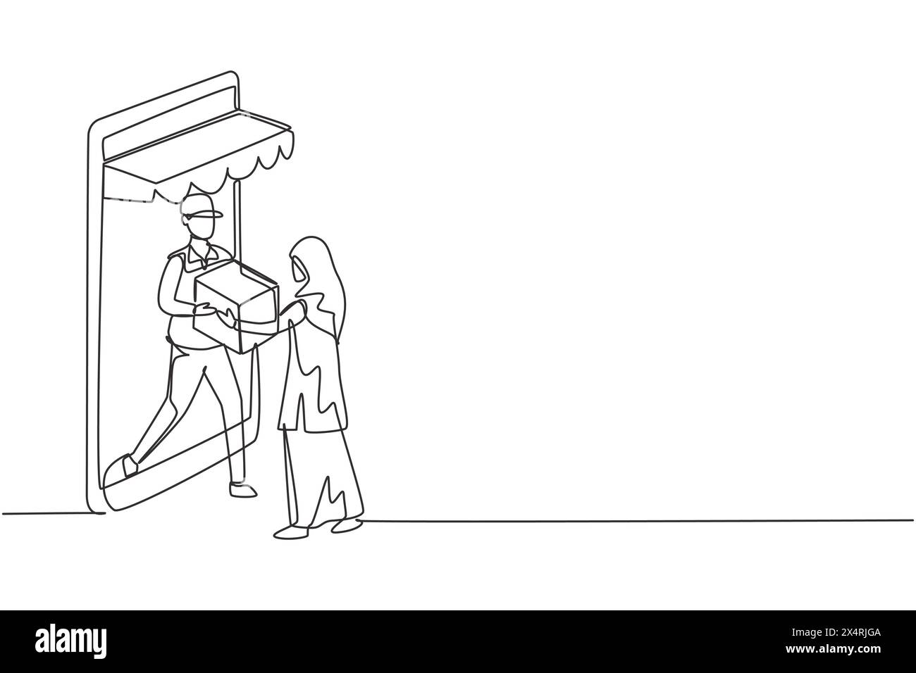 Single one line drawing male courier comes out of giant smartphone ...