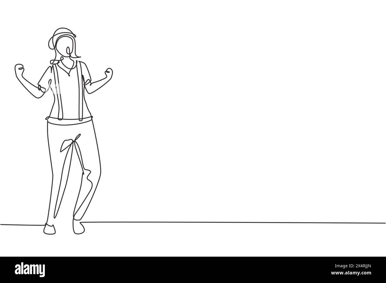 Single continuous line drawing female mime artist stands with celebrate ...