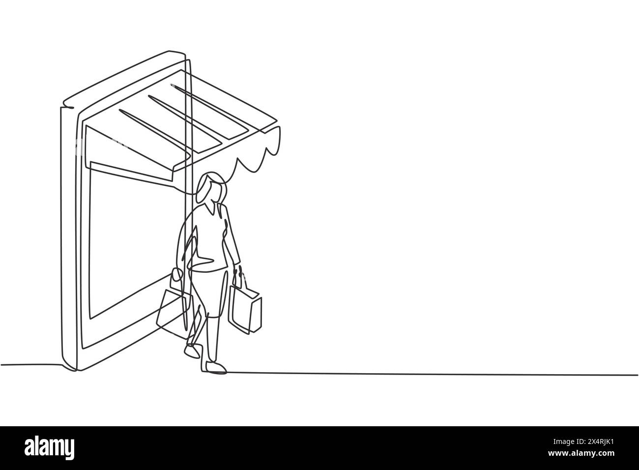 Continuous one line drawing young woman coming out of canopy smartphone ...