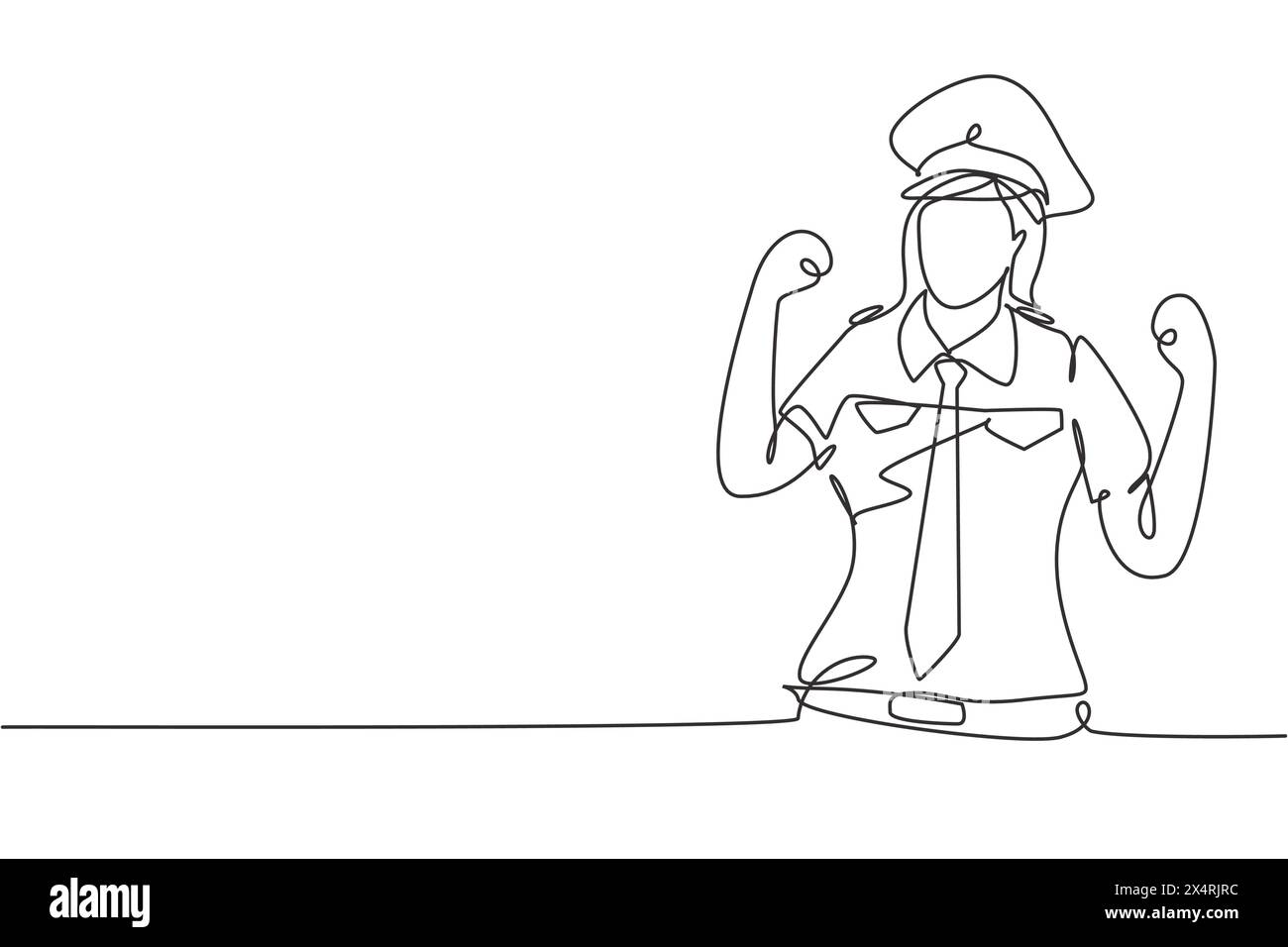 Single continuous line drawing female pilot with celebrate gesture and ...