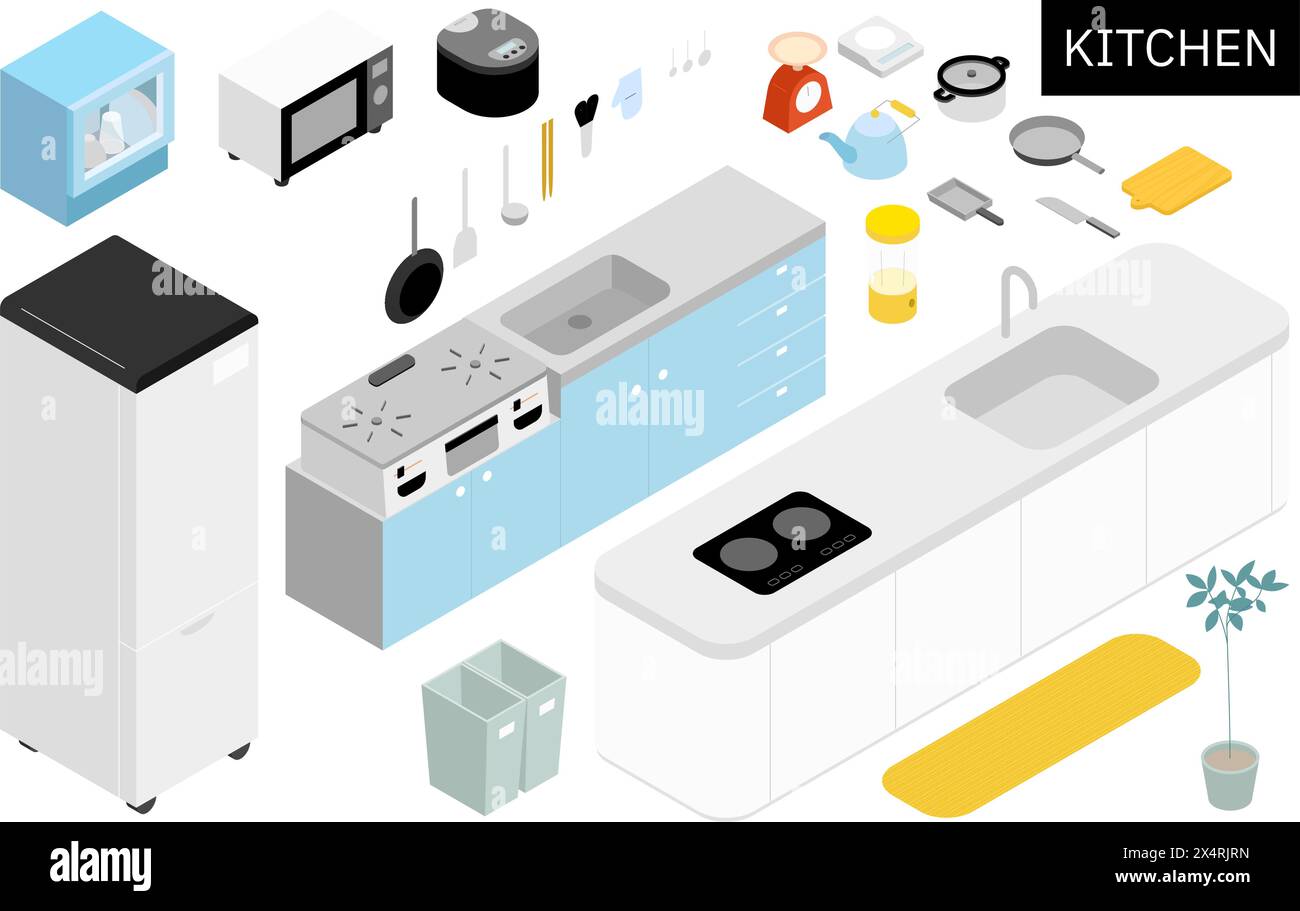 Isometric illustration of kitchen utensils needed for new life, Vector ...
