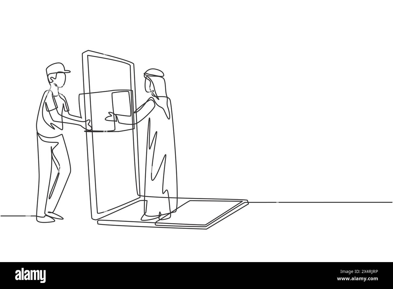 Single continuous line drawing male courier delivers box package ...