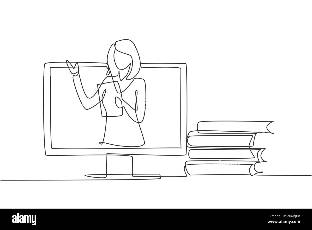 Single continuous line drawing female teacher is teaching, half of her ...