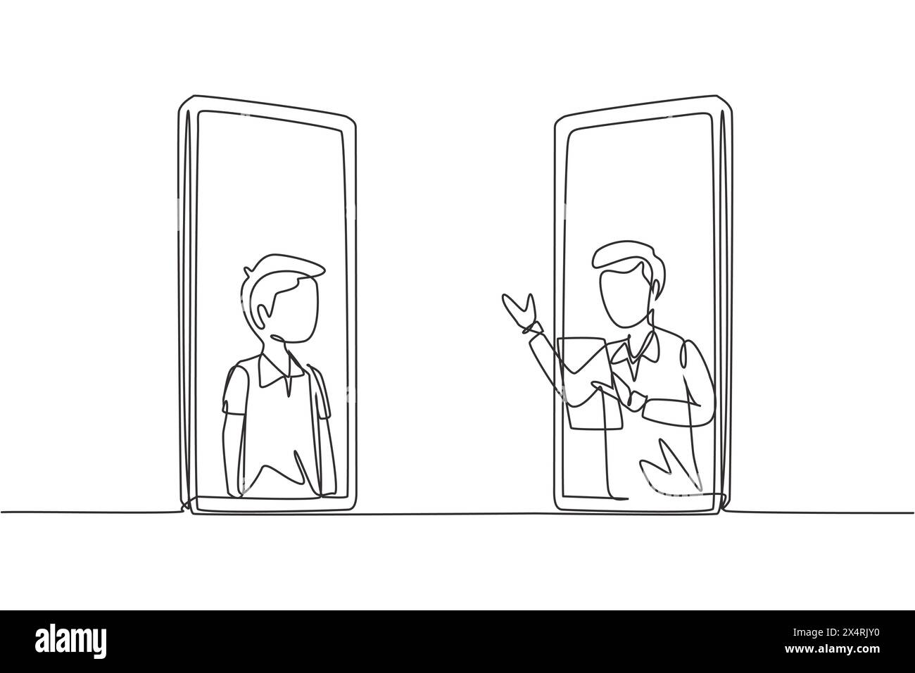 Single one line drawing two smartphones are standing in front of each ...