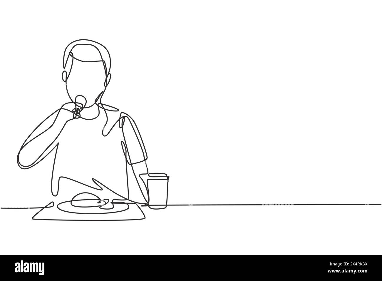Single one line drawing young man having fruits meal with fork around ...