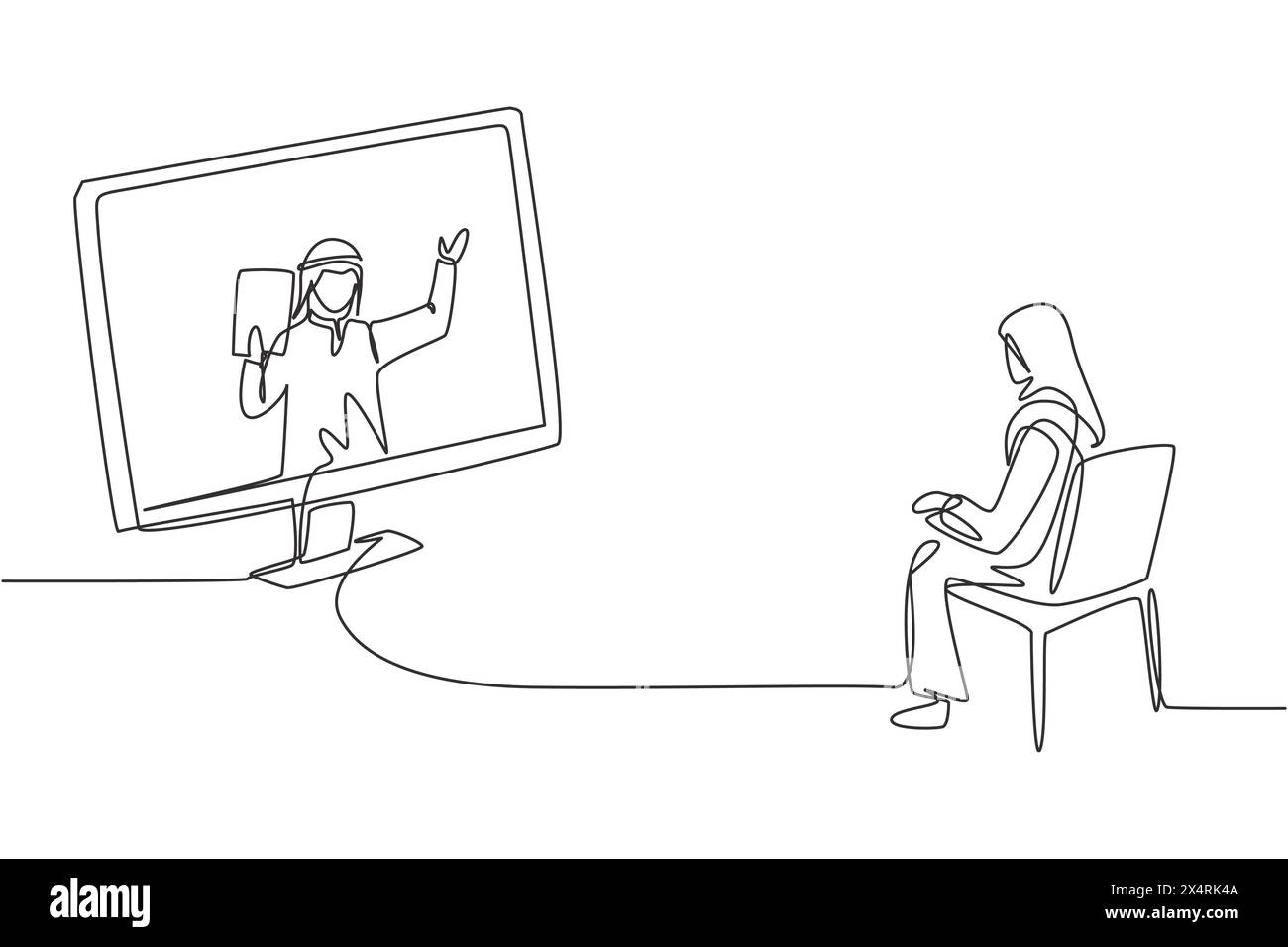 Continuous one line drawing hijab female student sitting studying ...