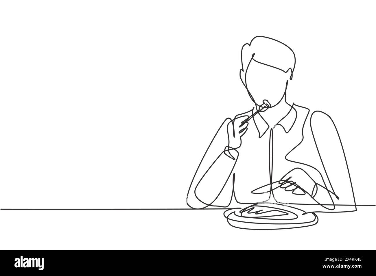 Continuous one line drawing young man having steaks meal with fork and ...