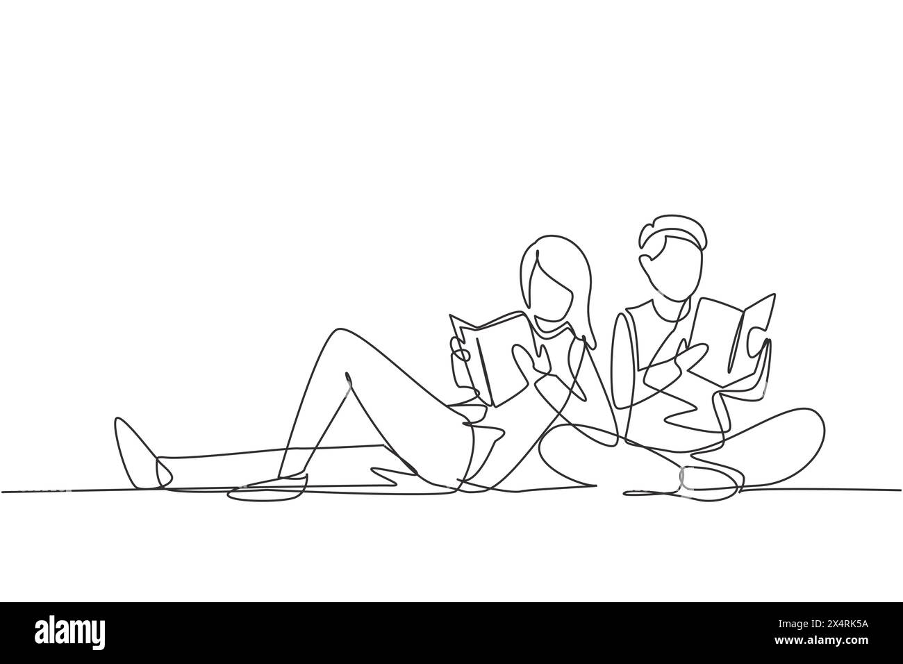 Continuous one line drawing students woman and man reading together ...