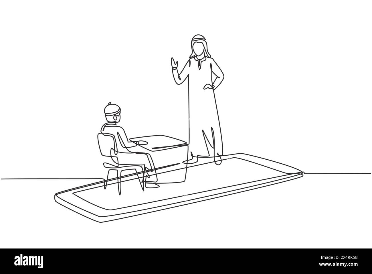 Continuous one line drawing Arabian male teacher teaching male junior ...