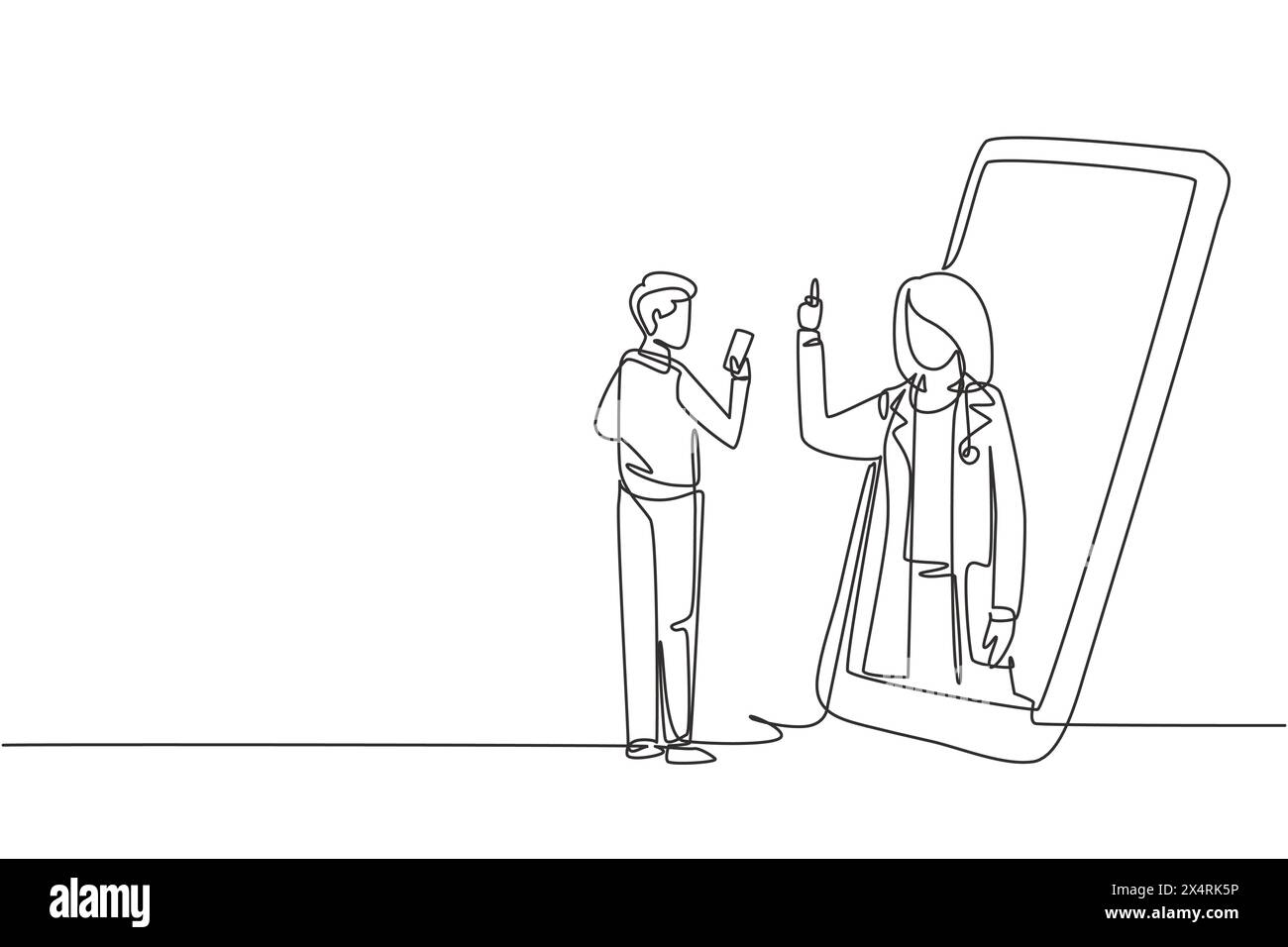 Continuous one line drawing male patient holding smartphone standing ...