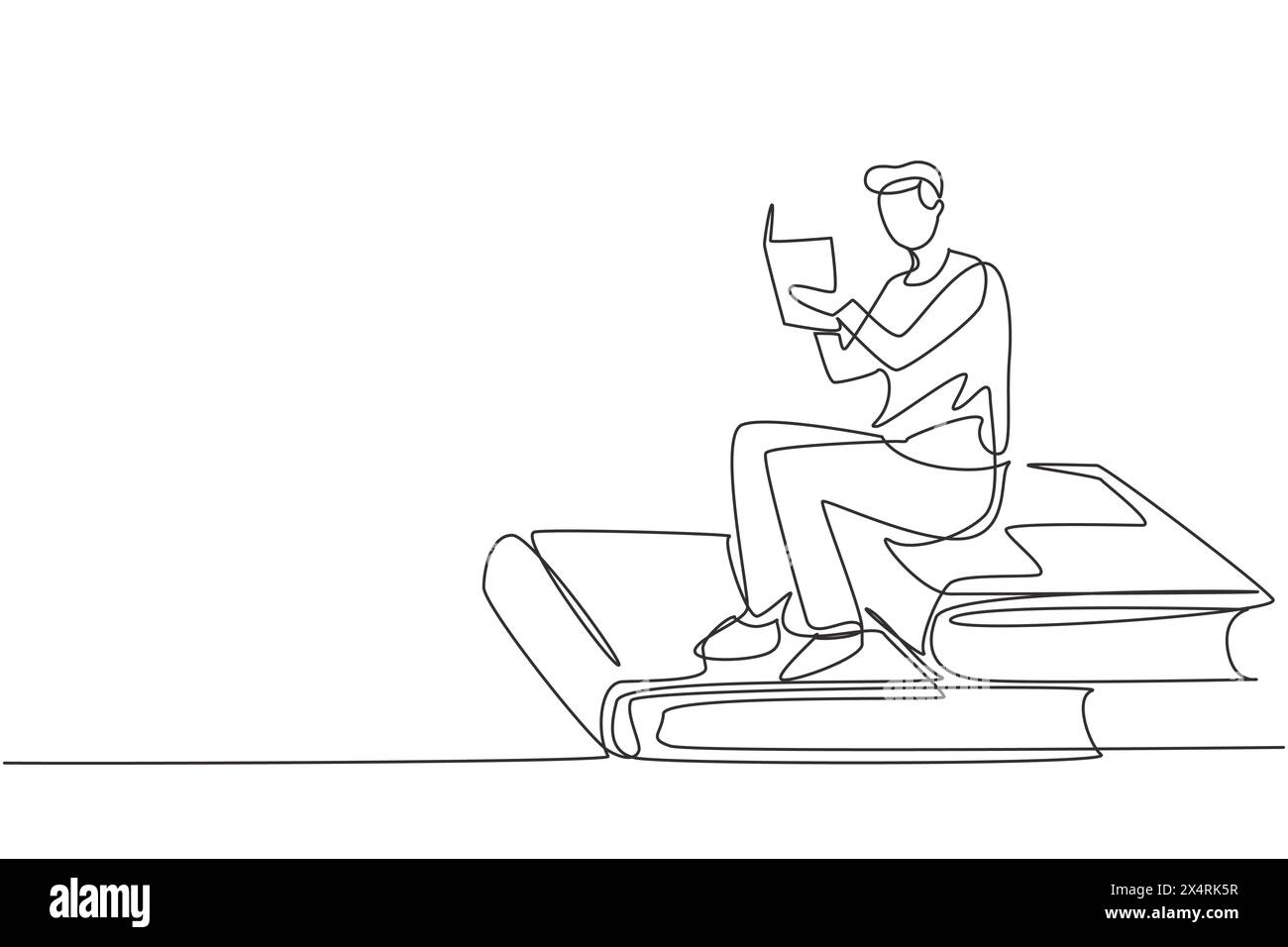 Continuous one line drawing young man reading, learning and sitting on ...