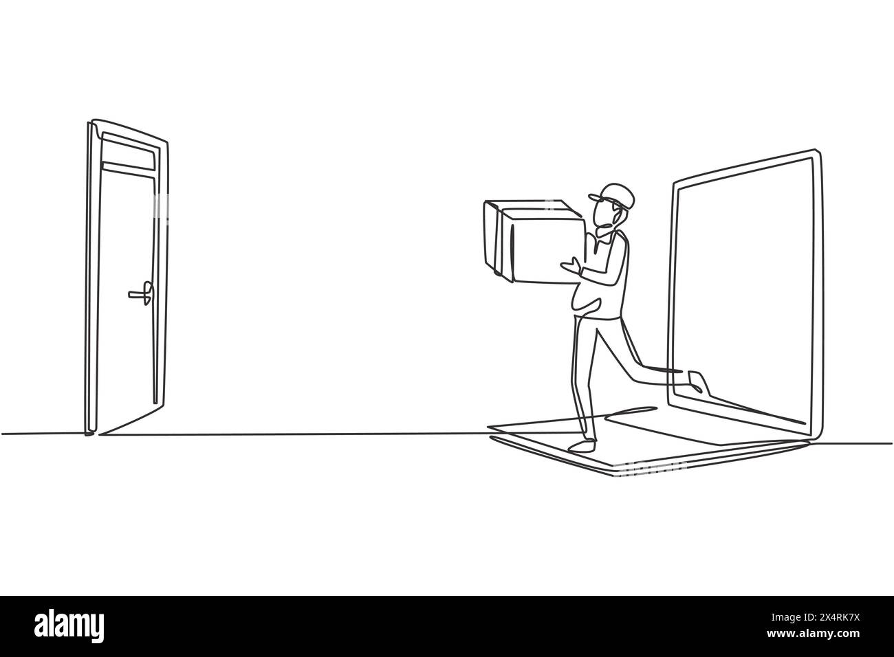 Continuous one line drawing male courier comes out of laptop screen ...