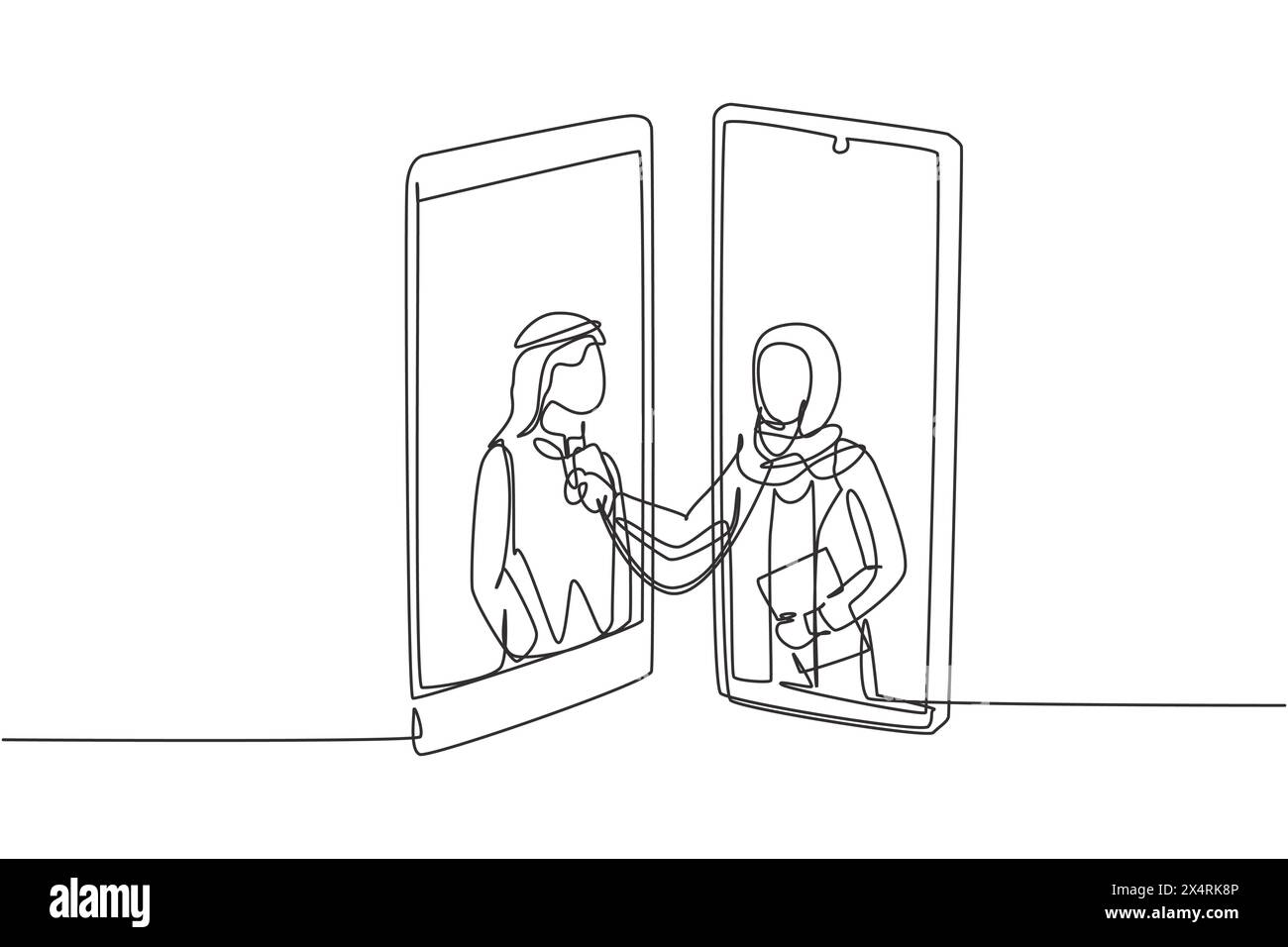 Continuous one line drawing two smartphones facing each other with ...