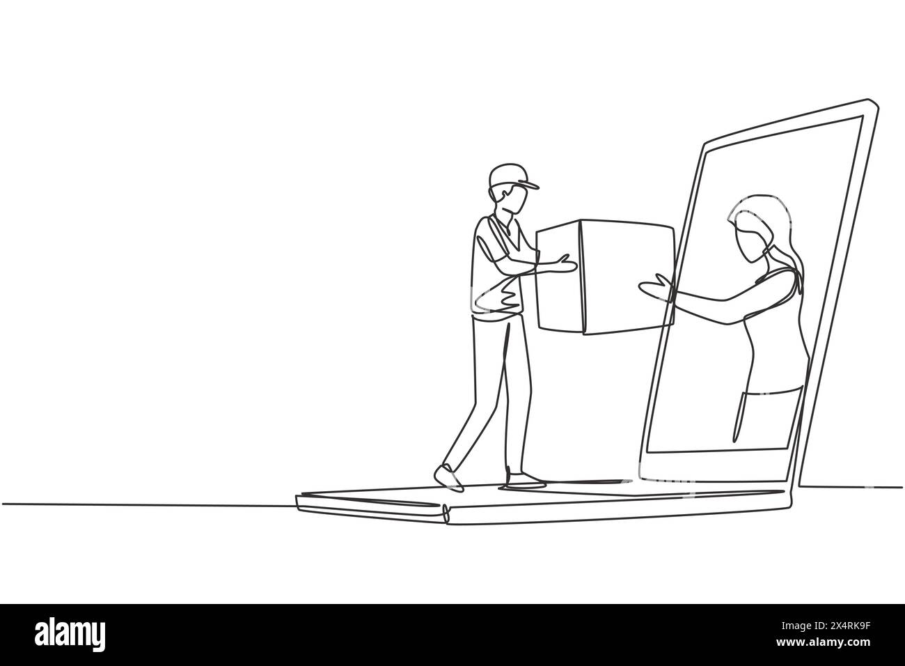 Continuous one line drawing female customer receives boxed package ...