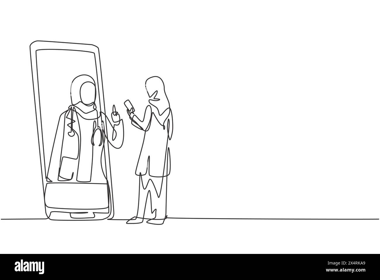 Continuous one line drawing hijab female patient holding smartphone ...