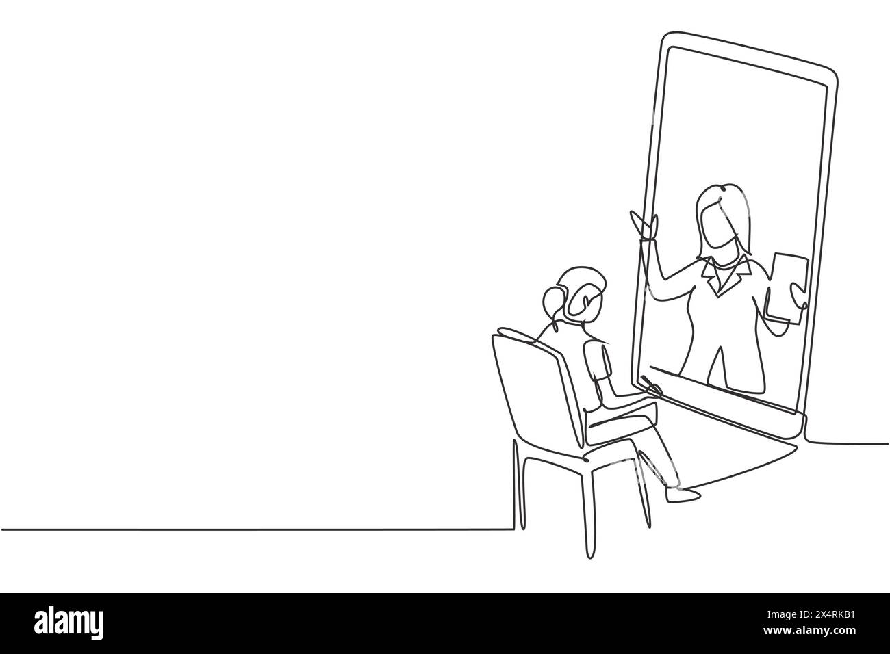 Continuous one line drawing female student sitting studying staring at ...