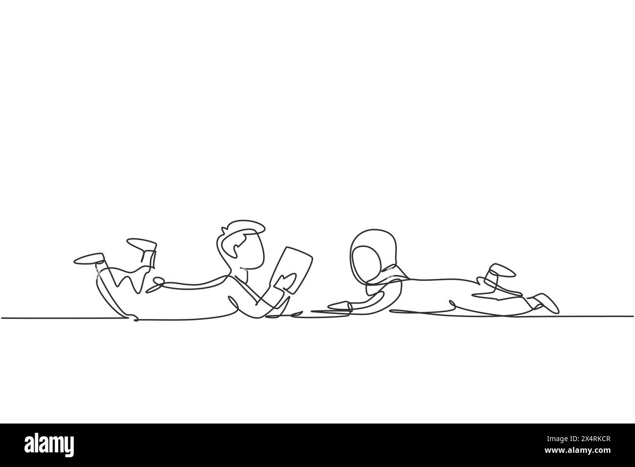 Single one line drawing two Arabian kids boy and girl reading, learning ...