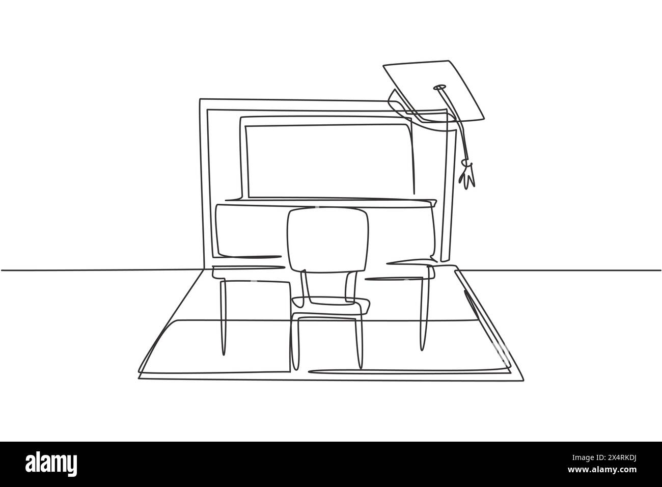 Single one line drawing empty study chairs and desks facing giant ...