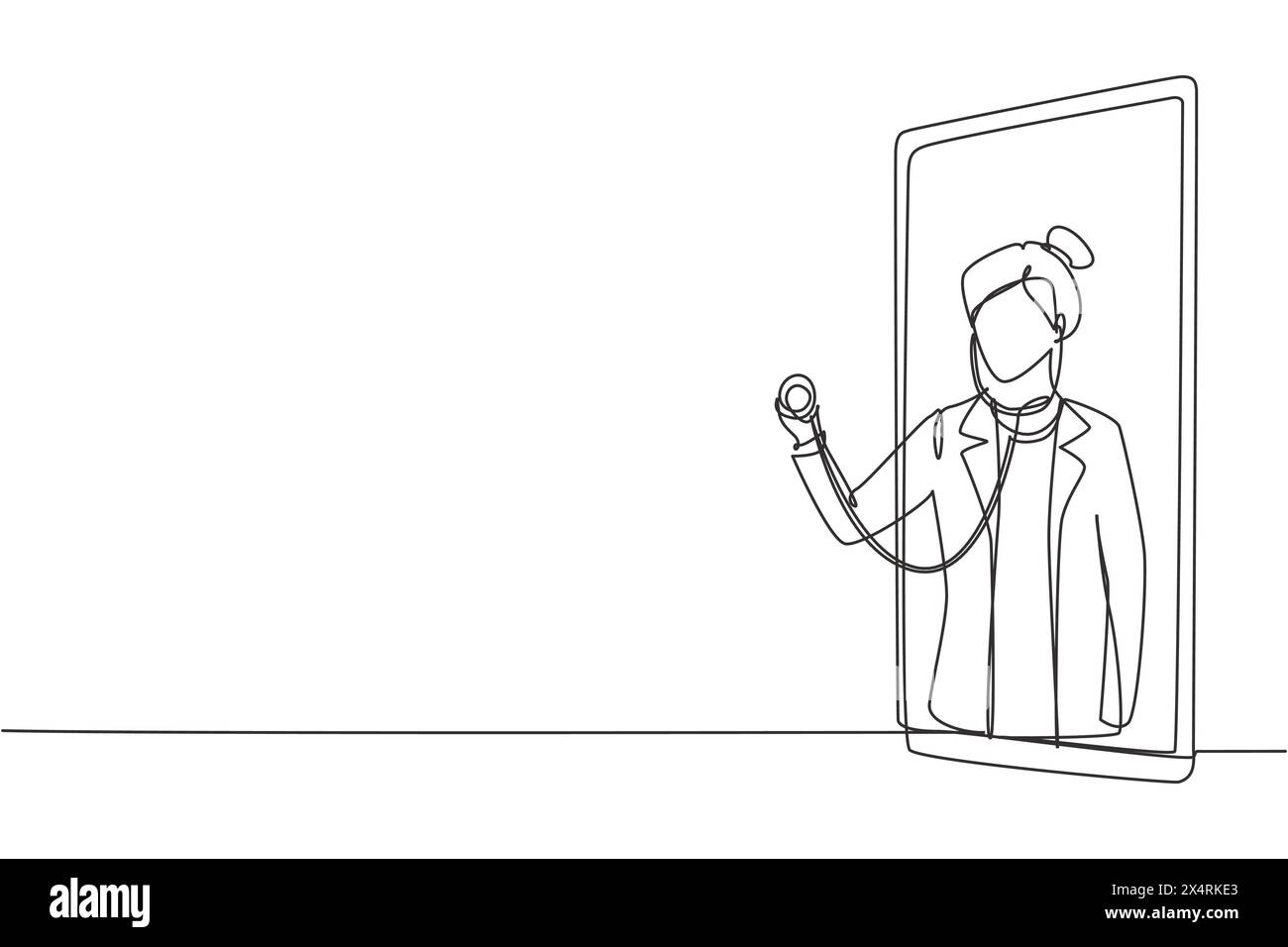 Continuous one line drawing female doctor comes out of smartphone ...