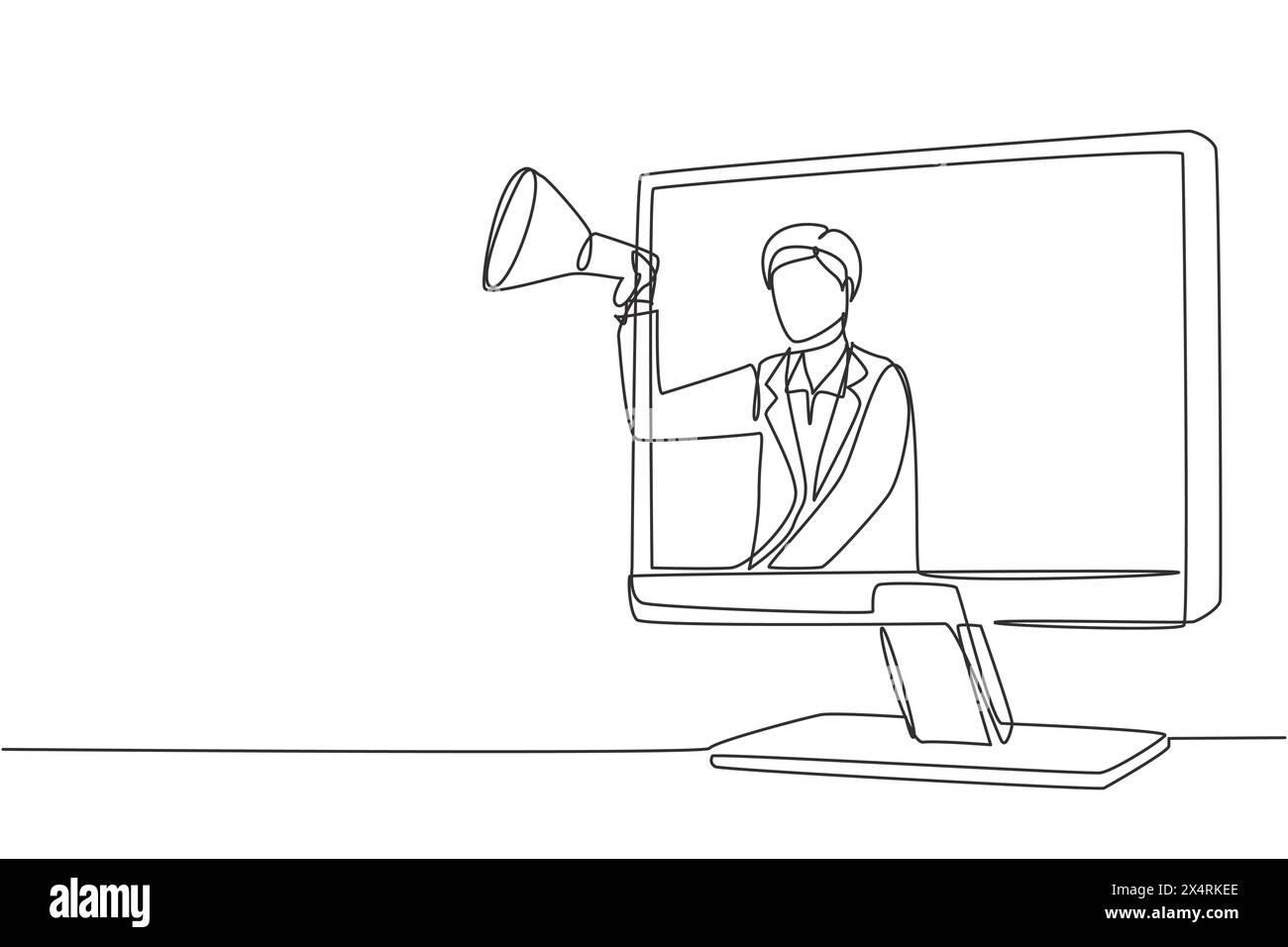 Single continuous line drawing young man coming out of monitor screen ...