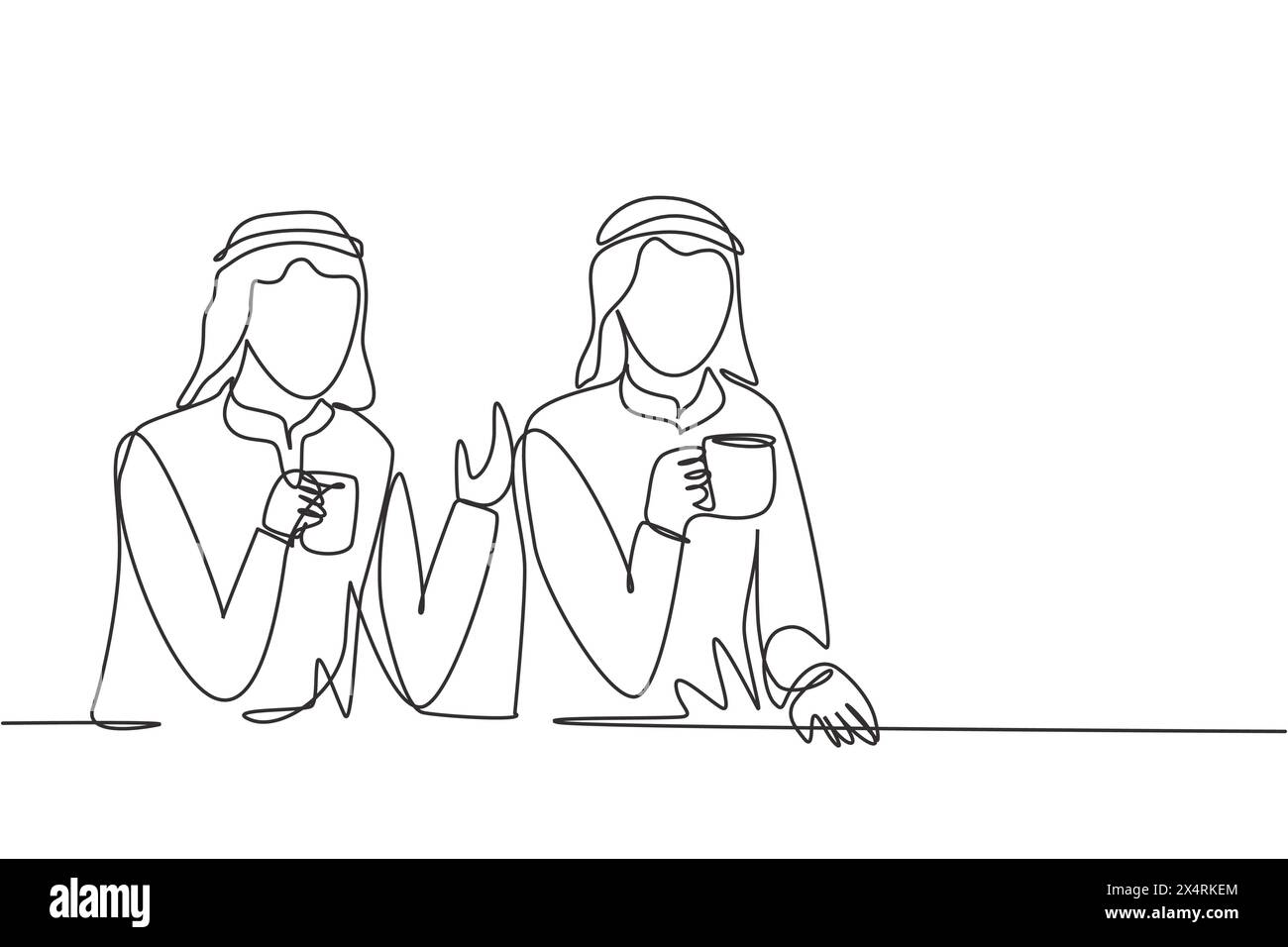 Continuous one line drawing two young Arab men sitting over a cup of ...