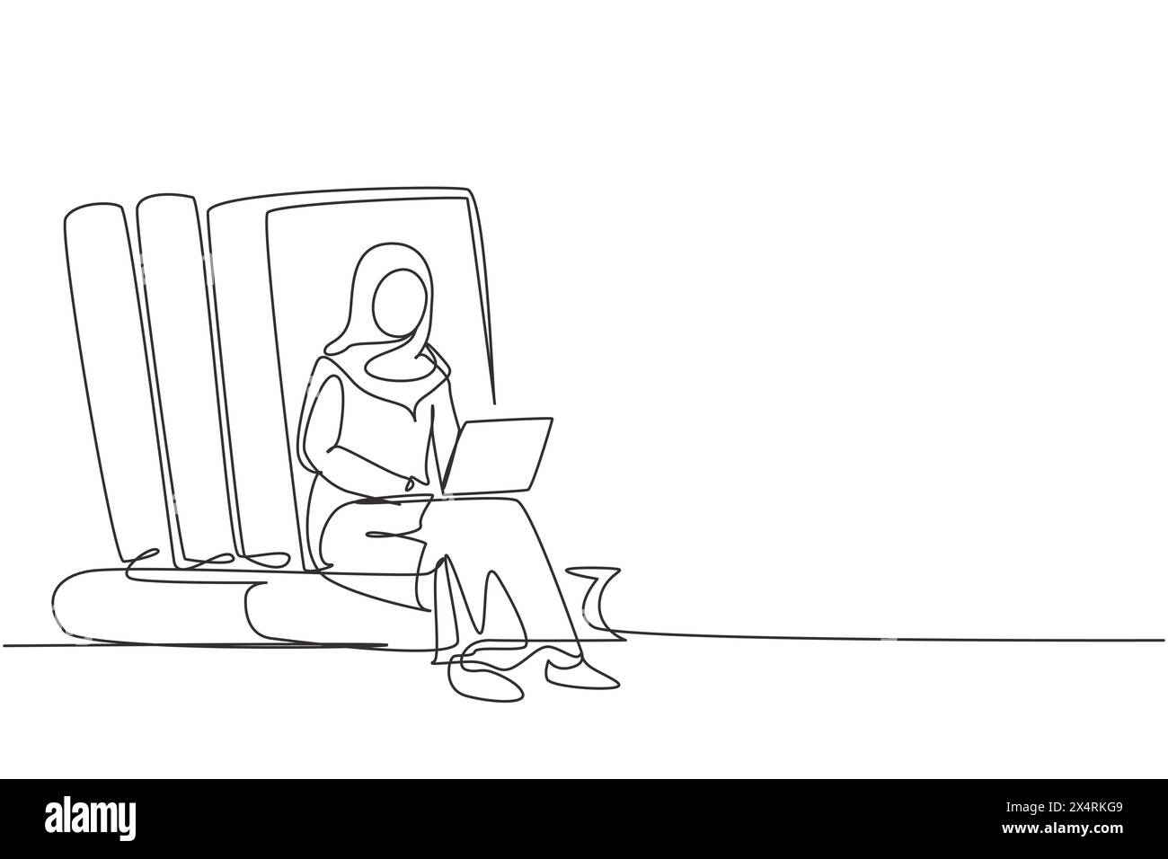 Single continuous line drawing Arabian woman studying with laptop and ...