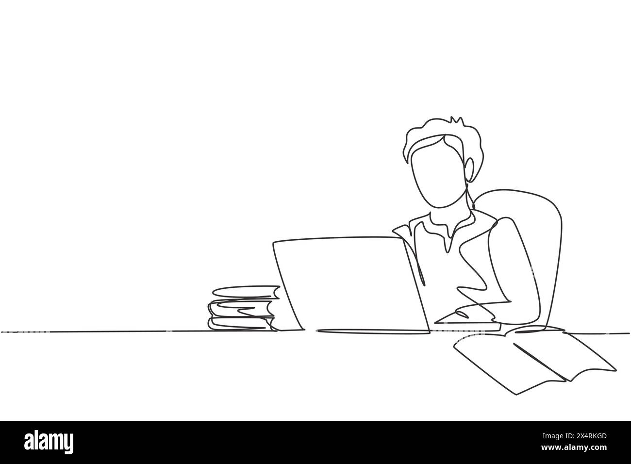 Continuous one line drawing young Arabian boy studying with laptop and ...