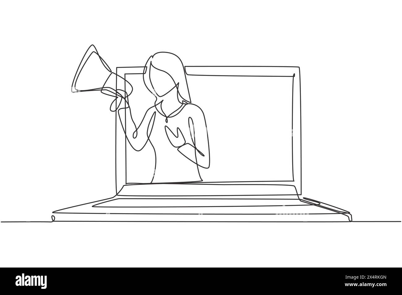 Single one line drawing young woman coming out of laptop screen holding ...