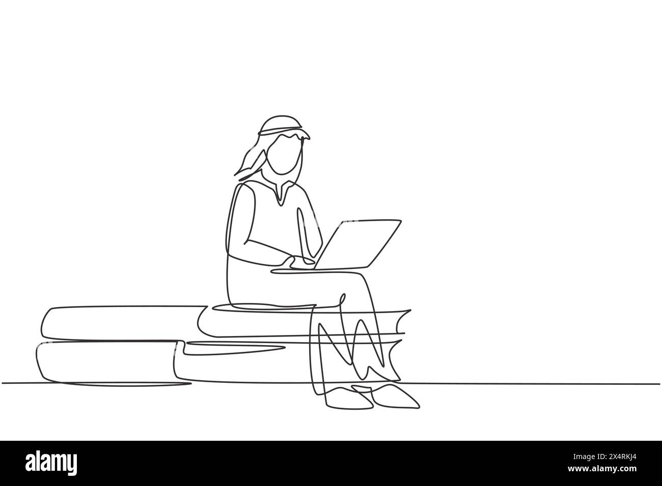 Continuous one line drawing young Arabian man studying with laptop and ...