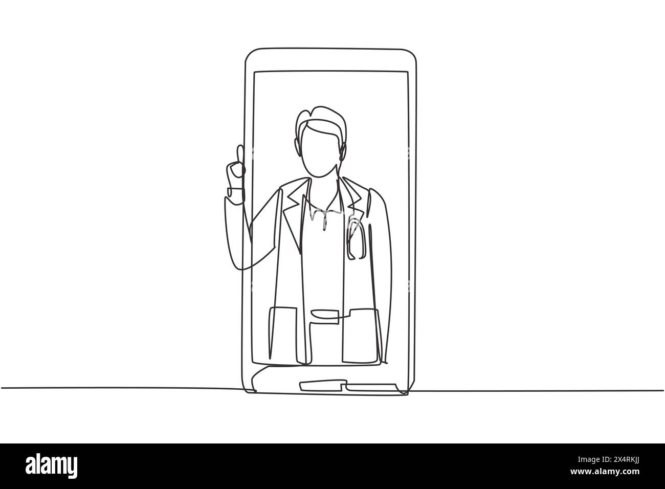Single continuous line drawing male doctor comes out of smartphone ...