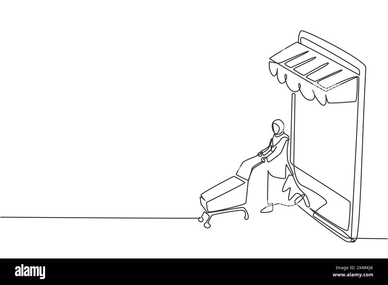 Single one line drawing Arab woman coming out of canopy smartphone ...