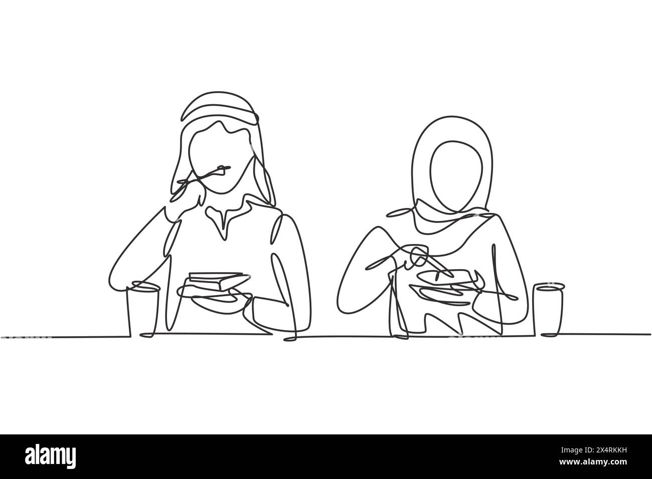 Single continuous line drawing young Arab couple husband and wife ...