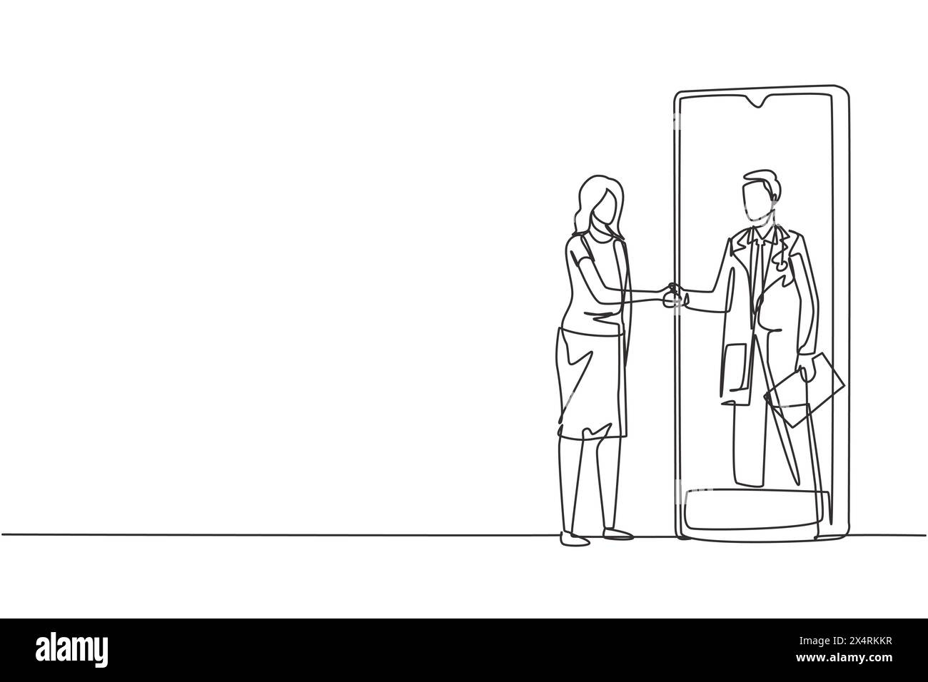 Continuous one line drawing female patient shaking hands with male ...