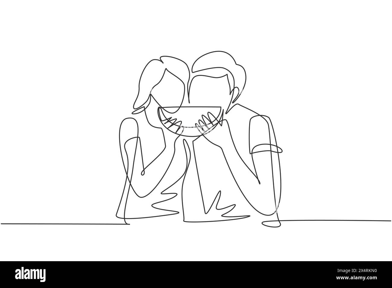 Continuous one line drawing young beautiful couple sharing watermelon ...