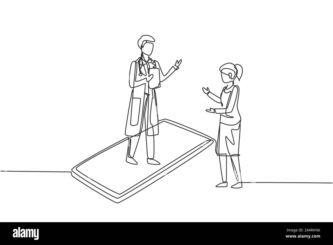 Single one line drawing male doctor standing on smartphone, in front of ...