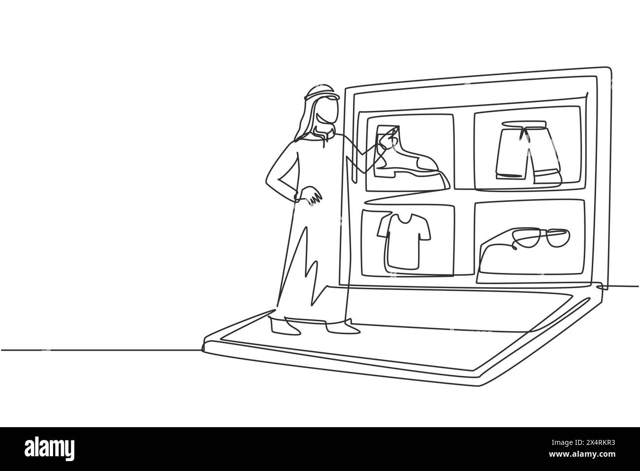 Continuous one line drawing young Arabian man choosing shopping items ...