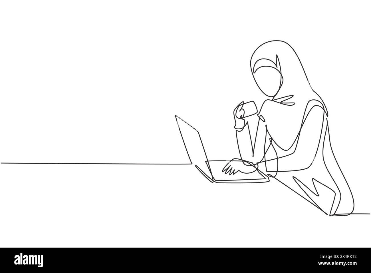 Continuous one line drawing young Arab woman typing entering credit ...