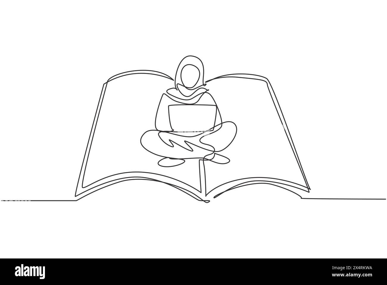 Single continuous line drawing Arabian female with laptop sitting on ...