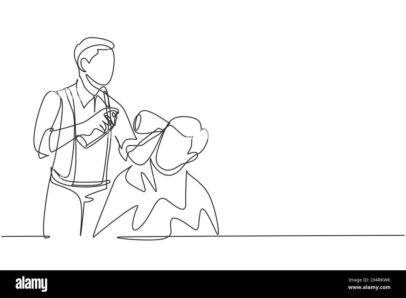 Single continuous line drawing barber makes hair styling with hair ...