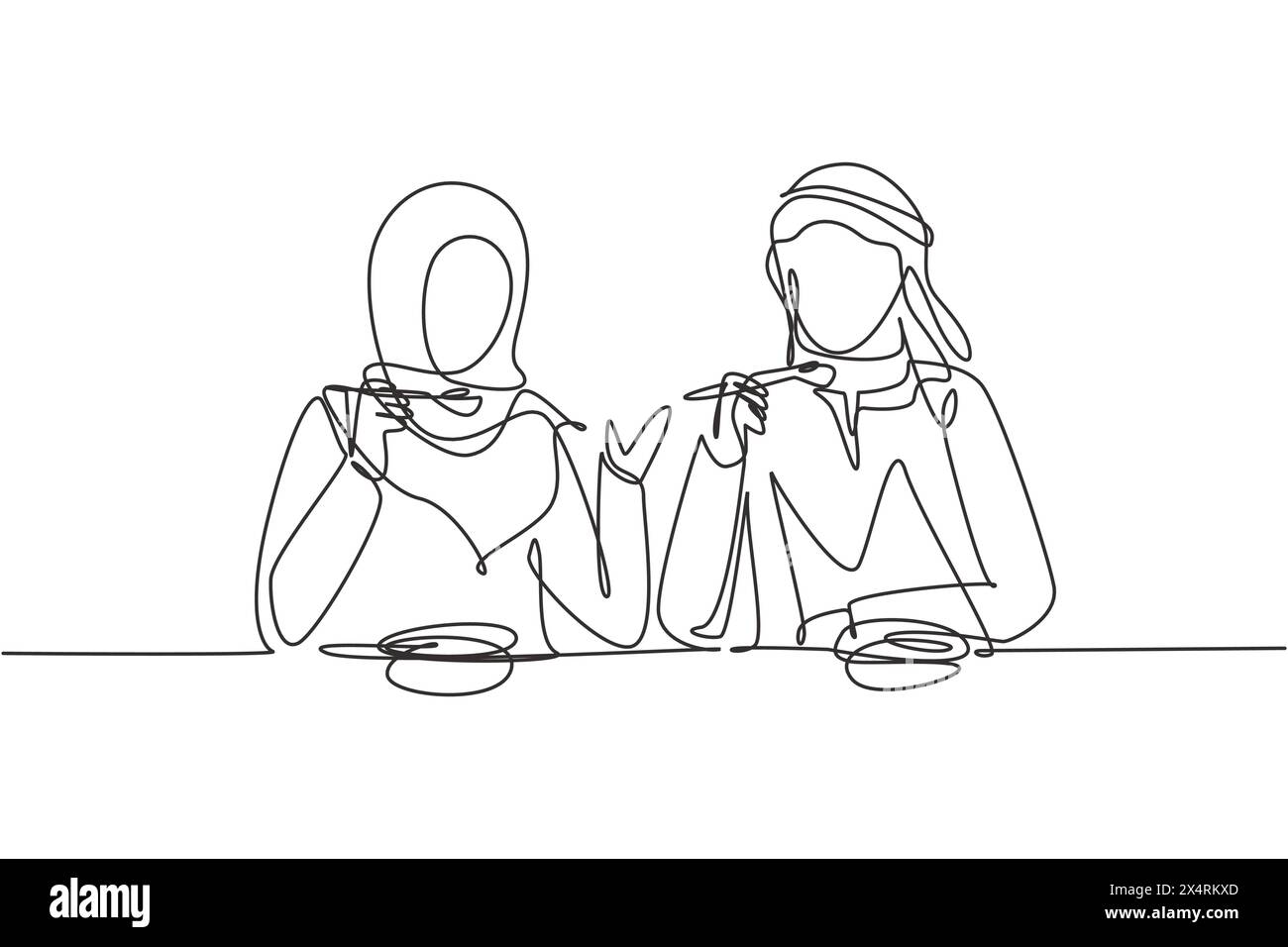 Single Continuous Line Drawing Young Arab Couple Having Salad Meal