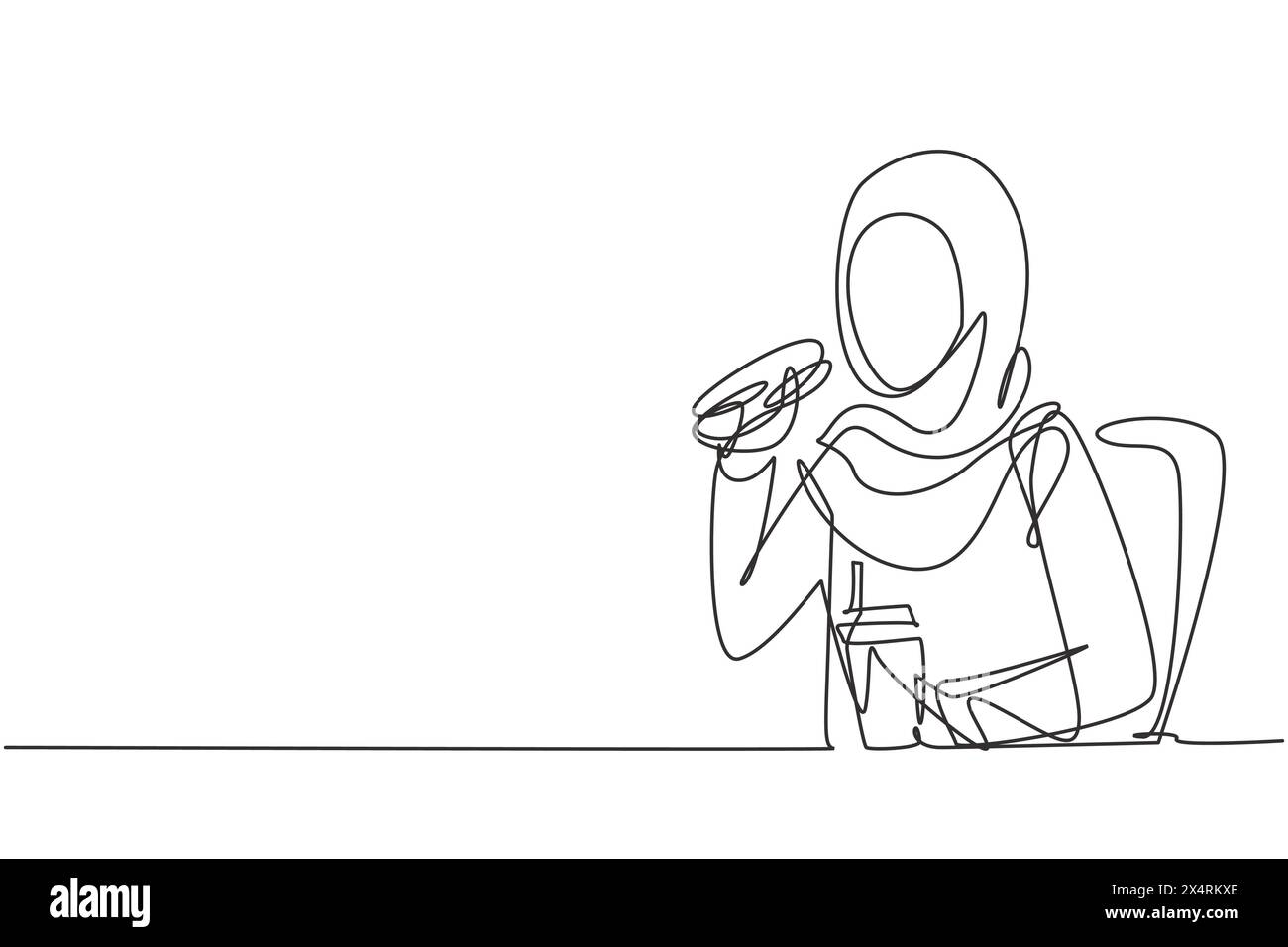 Single continuous line drawing young Arabian woman having hamburger ...
