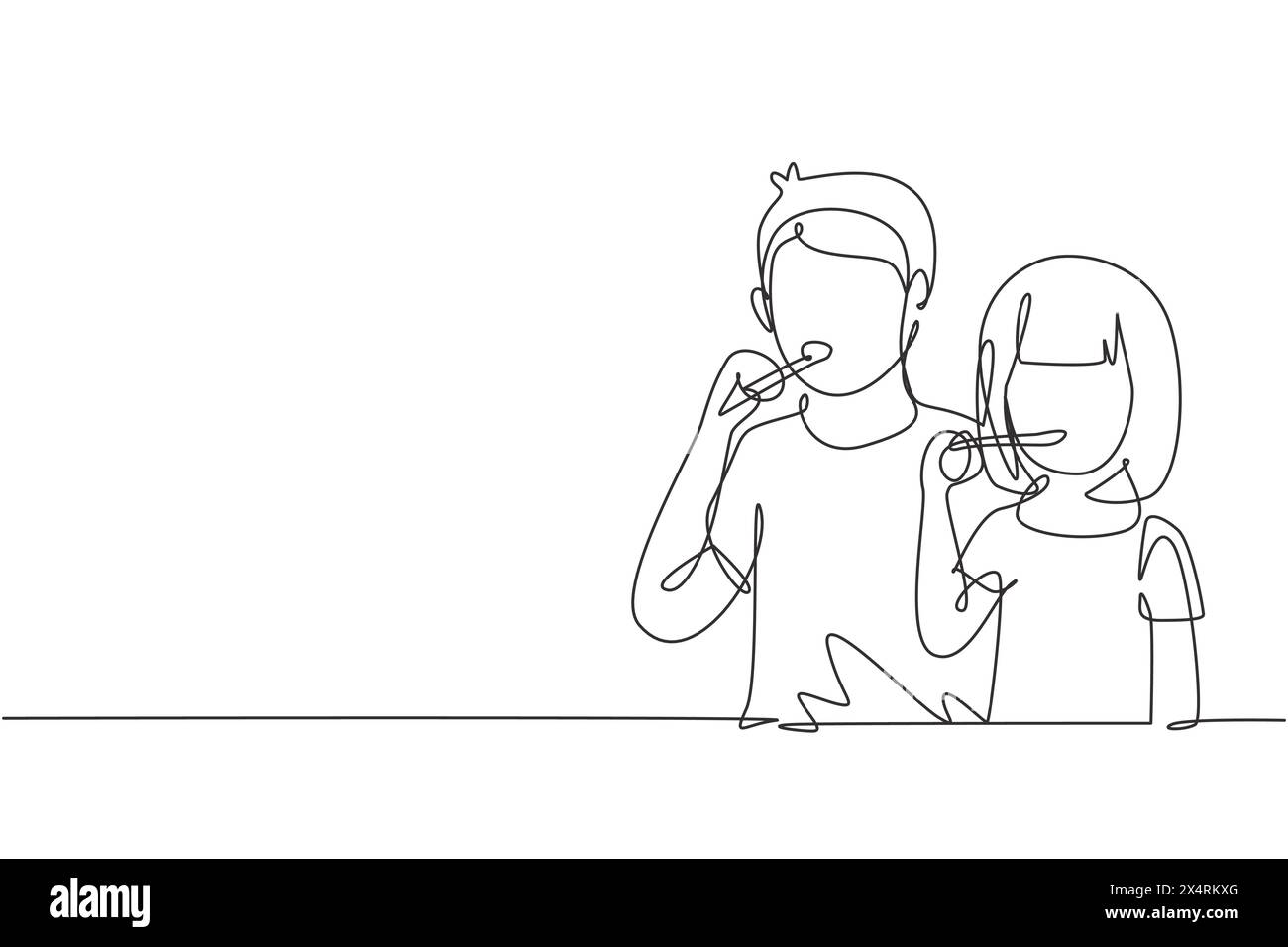 Single continuous line drawing two boys and girls are brushing their ...