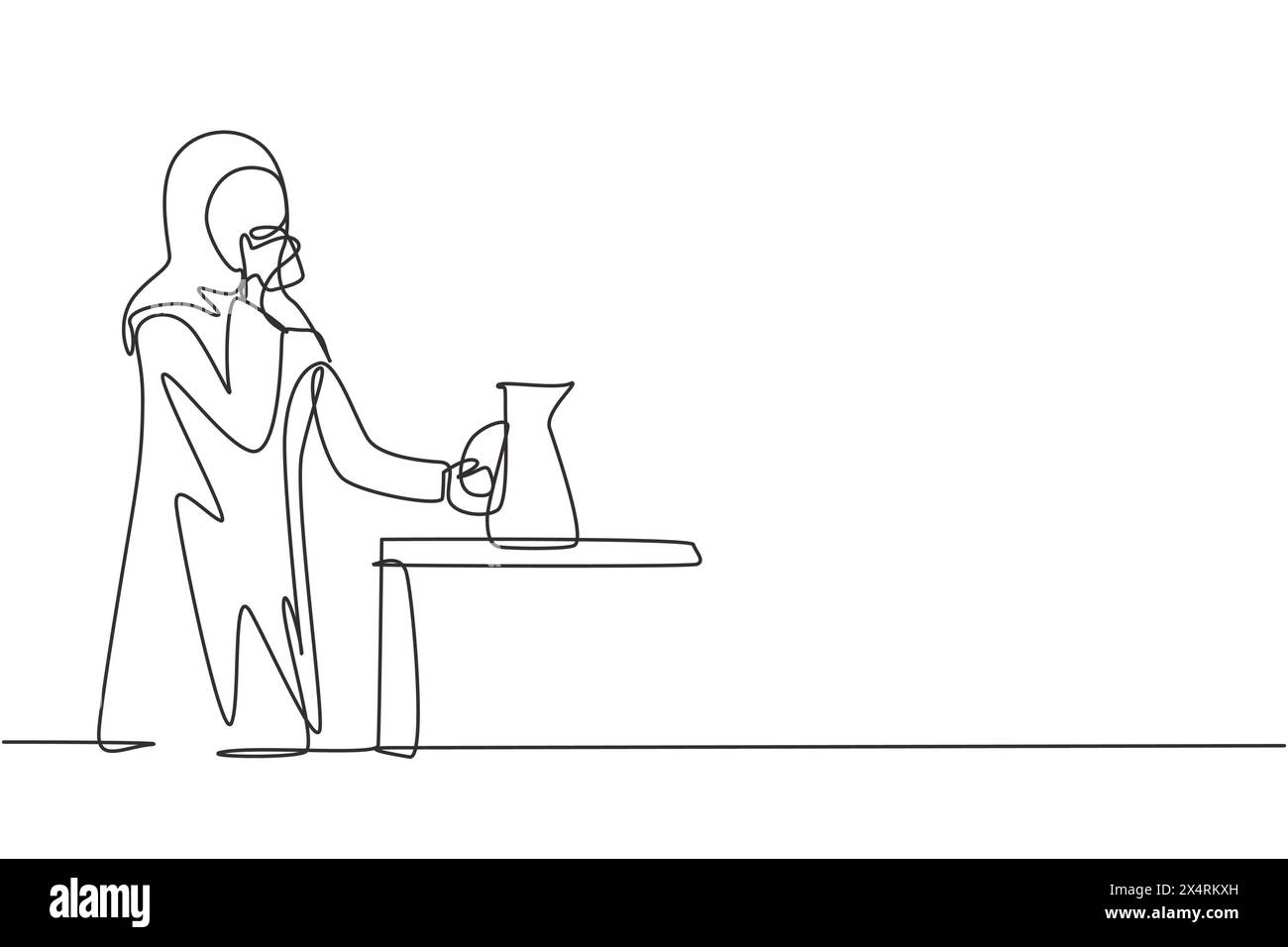 Single continuous line drawing young Arab woman standing and drinking water in glass from jug ...