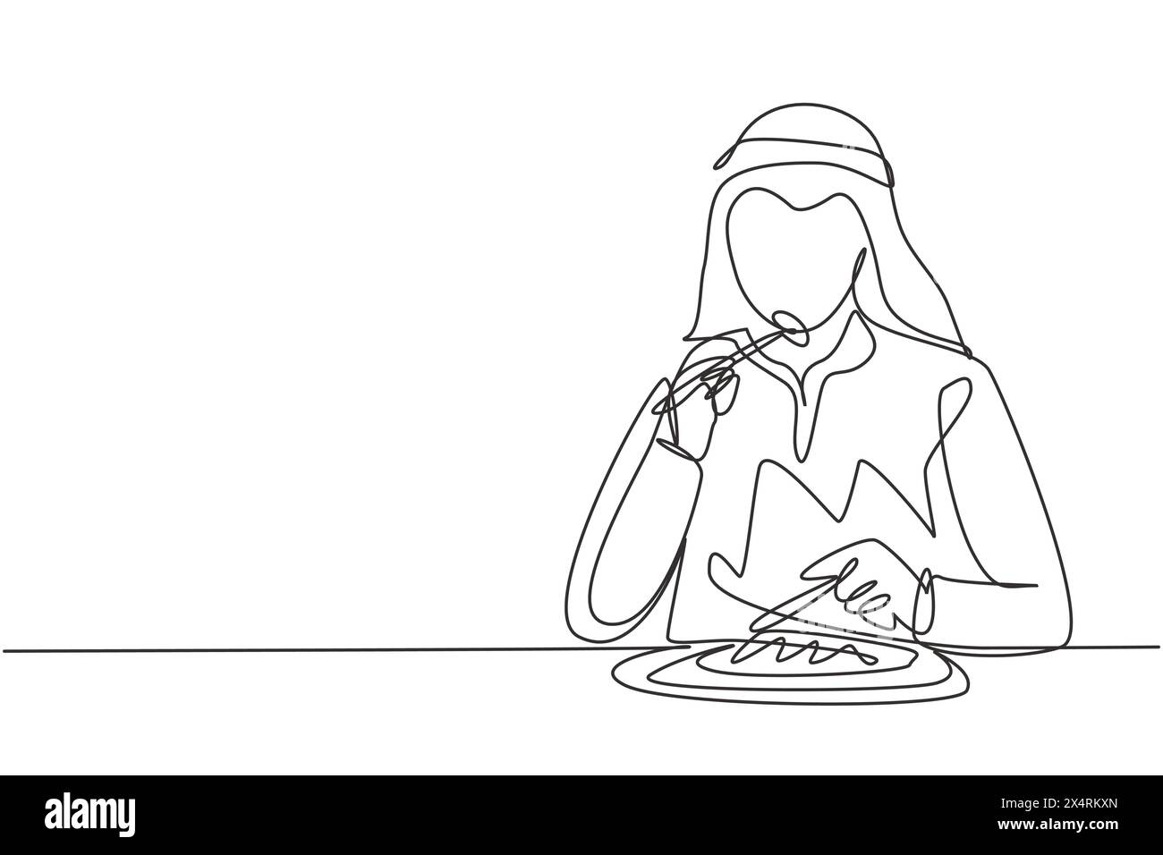 Continuous one line drawing young Arabian man having steaks meal with ...