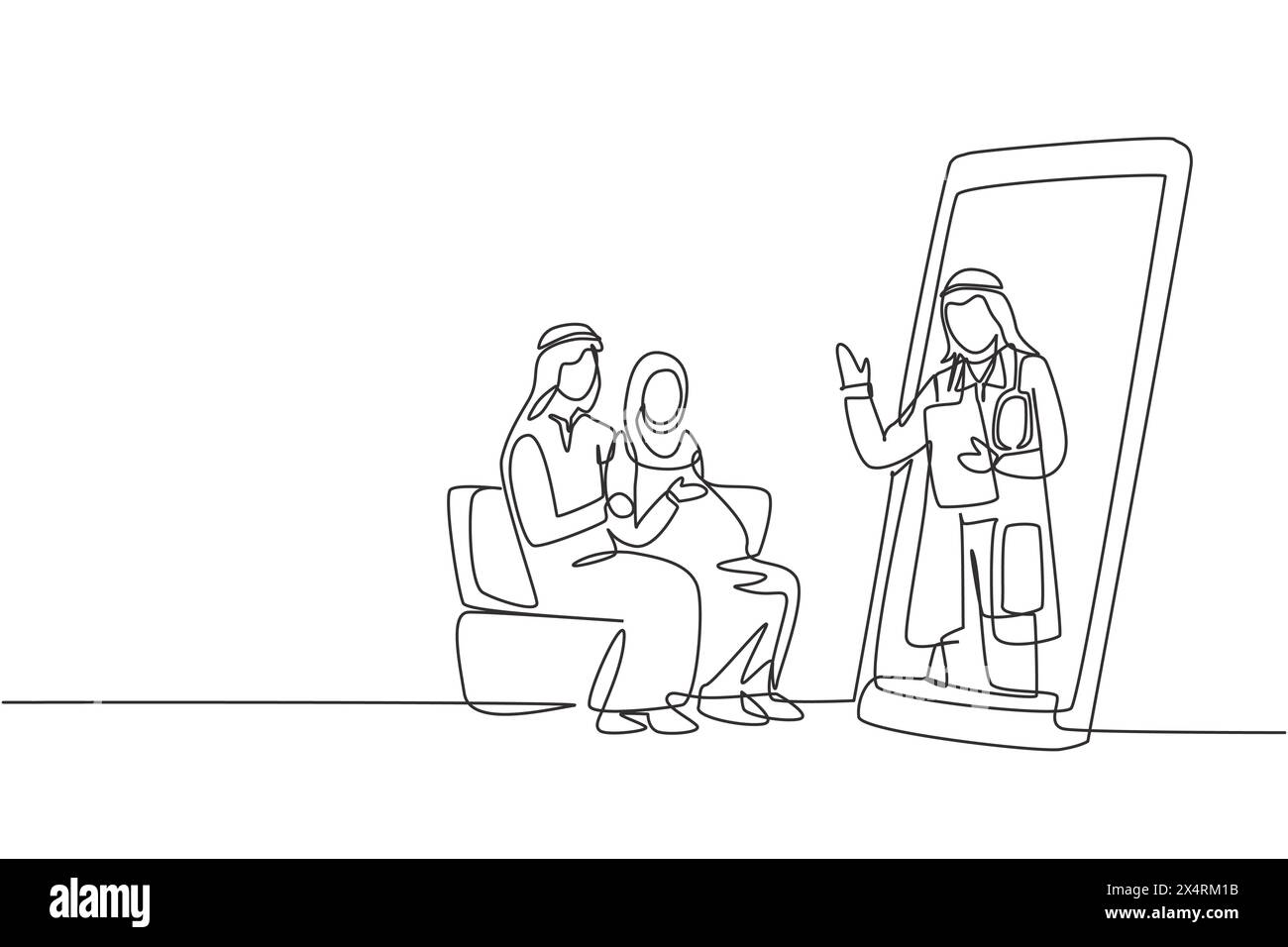Continuous one line drawing Arab male doctor comes out from smartphone ...