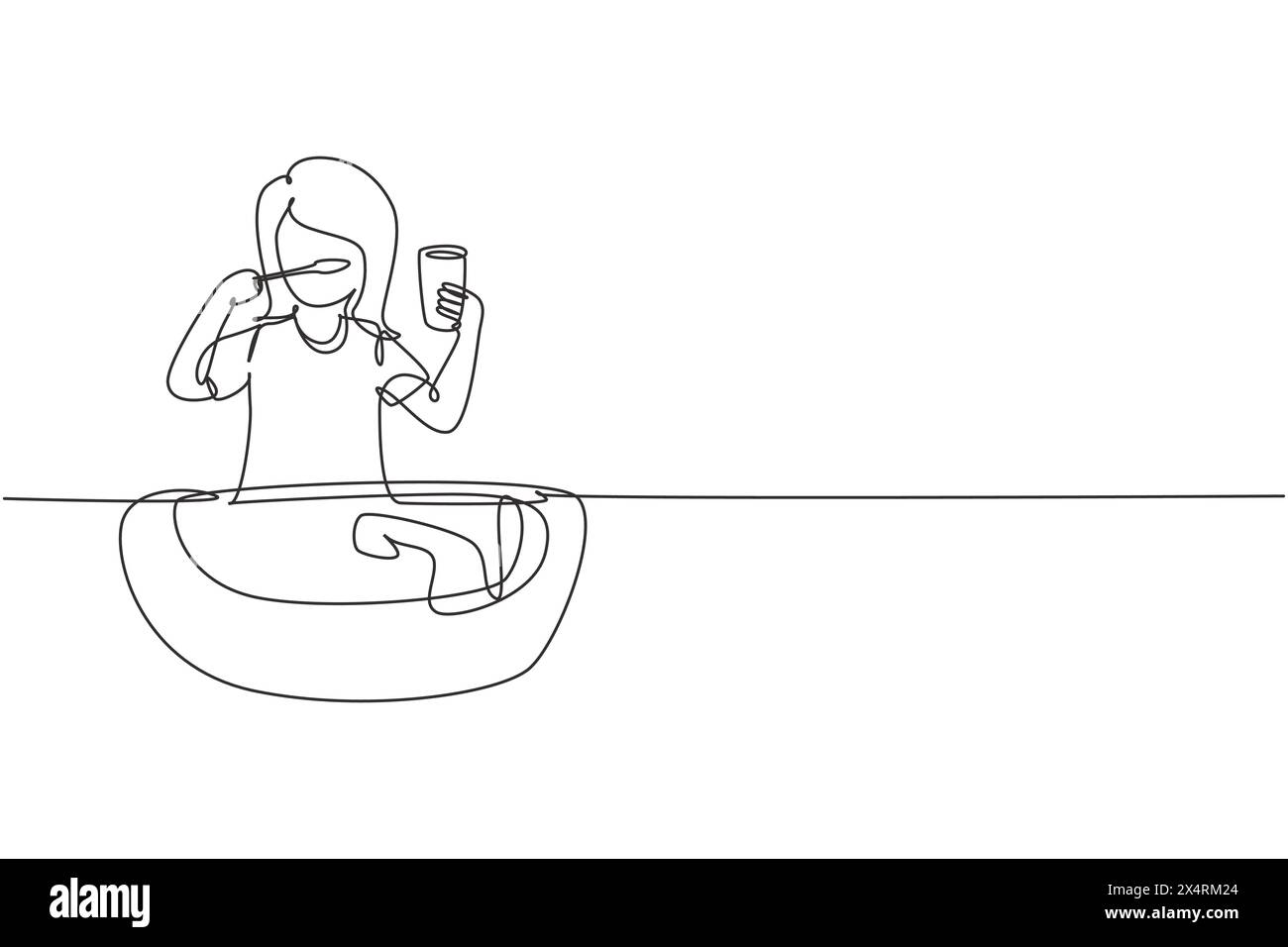 Single continuous line drawing girl brushing her teeth in sink. Routine ...