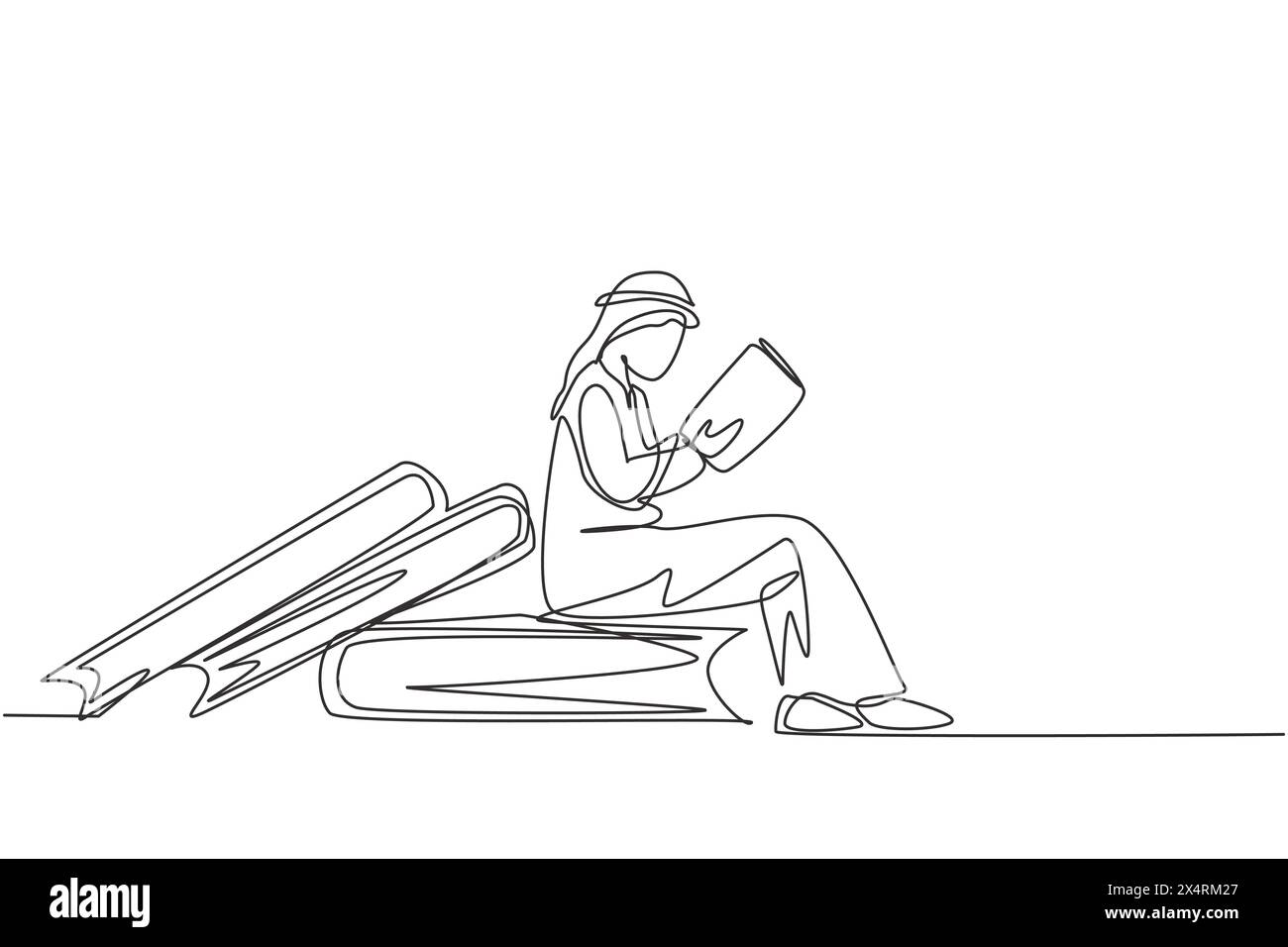 Single one line drawing young Arab student male reading, learning and ...