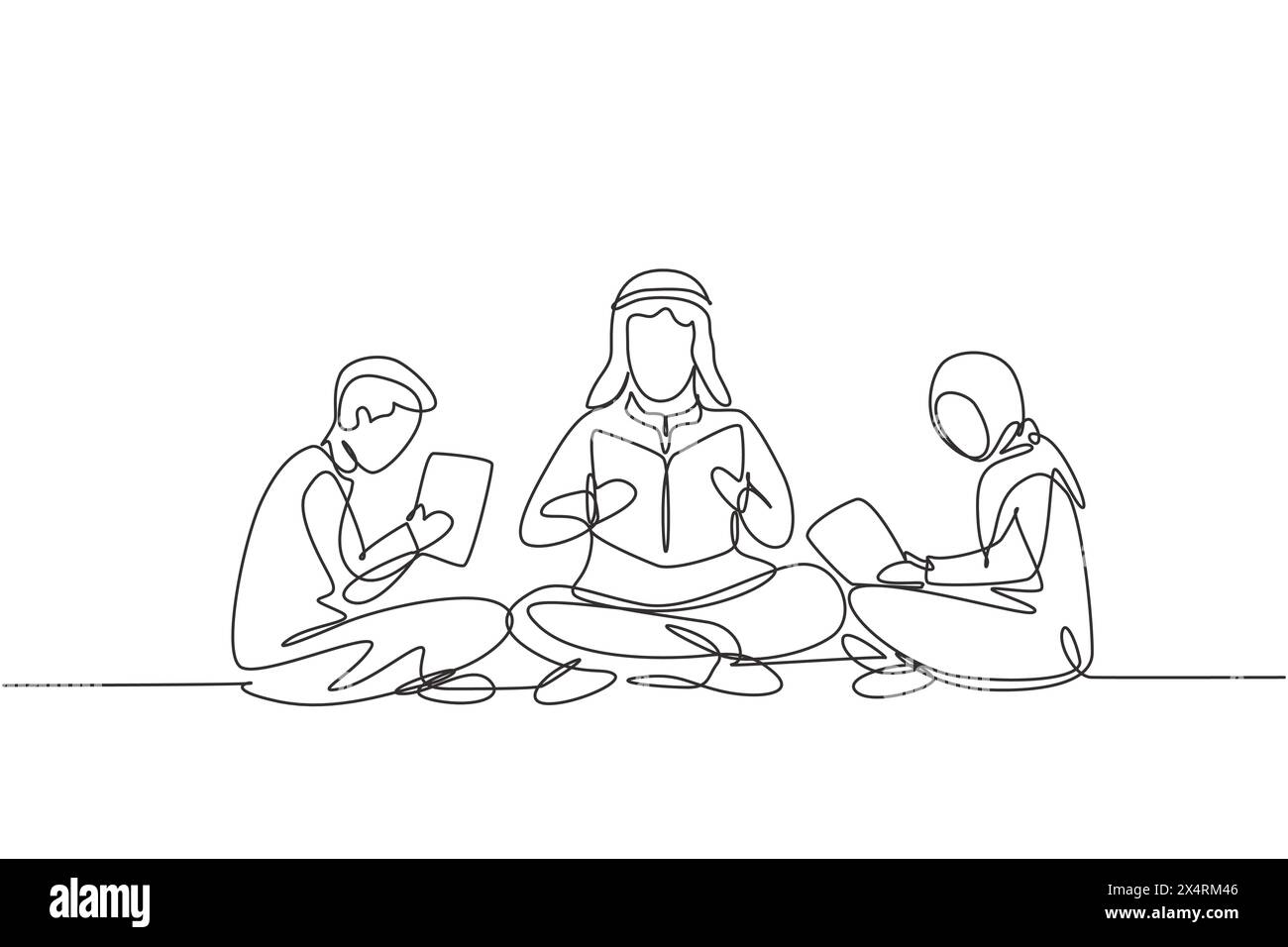 Single continuous line drawing Arabian male teacher and two students ...