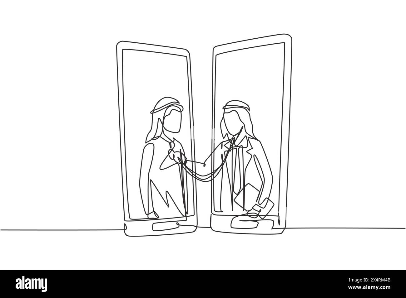 Single one line drawing two smartphones facing each other with Arabian ...