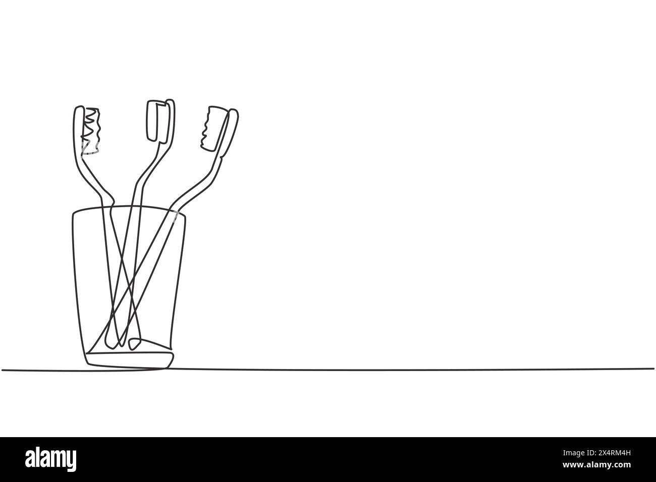 Single continuous line drawing several toothbrushes in glass. Dental ...